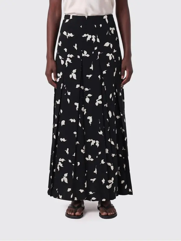 ALYSI Pleated Midi Skirt With Floral Print - Black