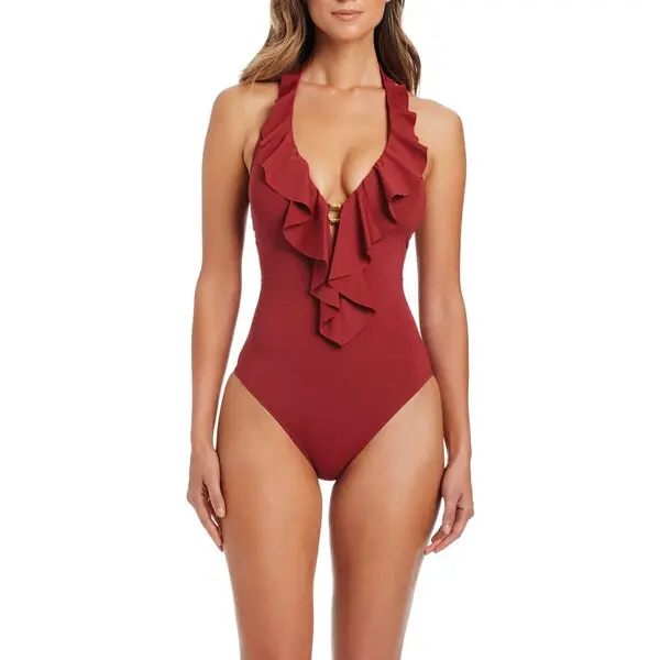 BLEU BY ROD BEATTIE Ruffled Plunge Neck Halter One-piece Swimsuit - Barcelona Red