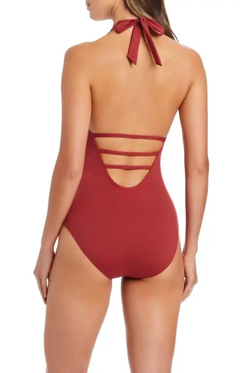 BLEU BY ROD BEATTIE Ruffled Plunge Neck Halter One-piece Swimsuit - Barcelona Red