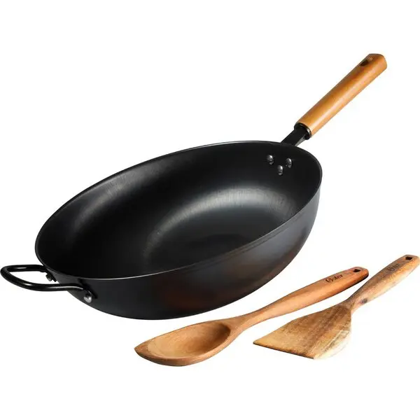 OSTER Dunwood 3-piece 13.8 In Pfas-free Carbon Steel Wok Set With Wooden Tools - Silver