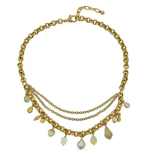 LONI PAUL JEWELRY Earthtone Charm Necklace With Layered Chains And Gemstone Drops - Gold