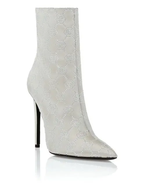 Philipp Plein Satin Boots High Heels Mid Monogram Strass - Beige