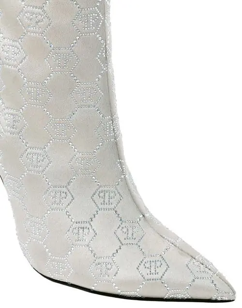 Philipp Plein Satin Boots High Heels Mid Monogram Strass