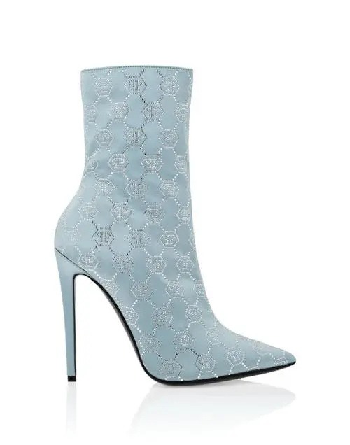 Philipp Plein Satin Boots High Heels Mid Monogram Strass - Lightblue