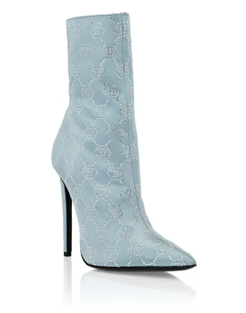 Philipp Plein Monogram Rhinestone Embellished Satin High Heel Boots - Lightblue