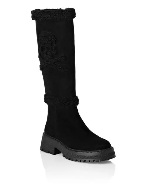 Philipp Plein Mid Flat Skull & Bones Faux Sheepskin Boots - Black