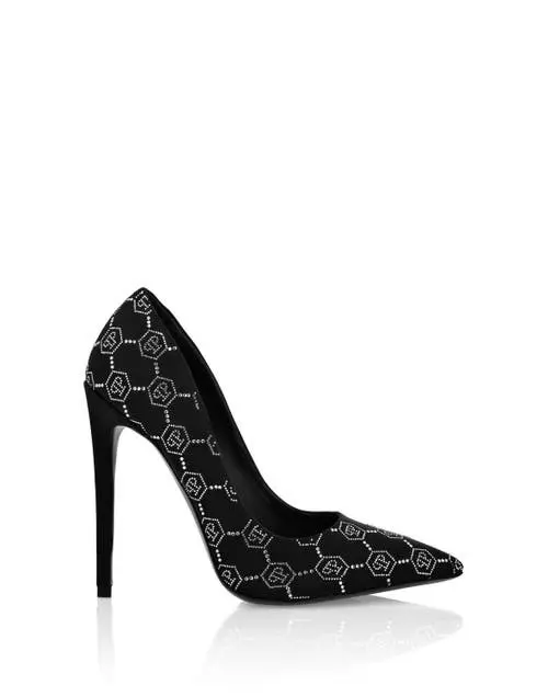 Philipp Plein Embellished Satin Monogram High Heel Pumps