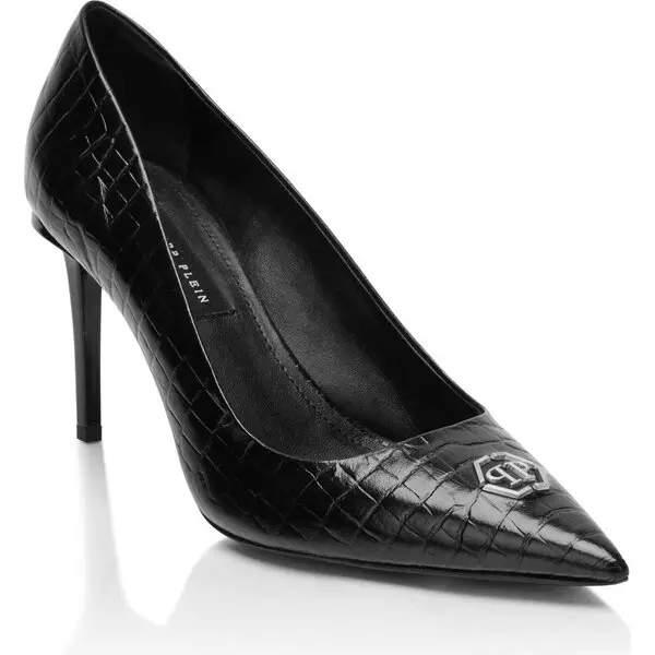 Philipp Plein Mid Heels Pumps With Croc Effect - Black