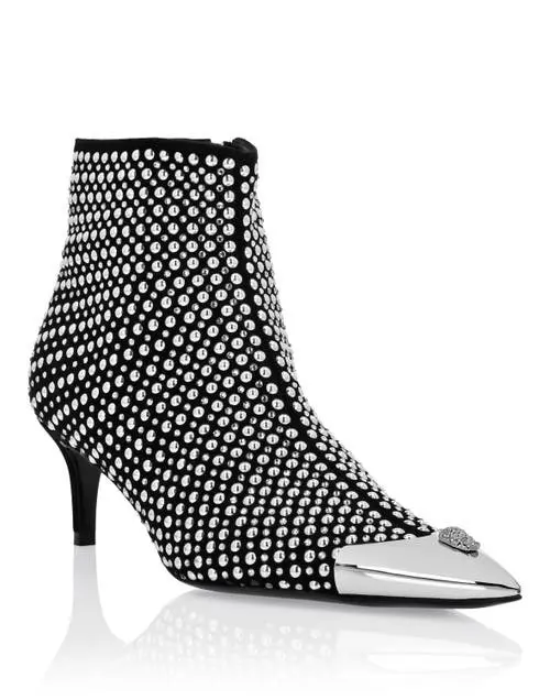 Philipp Plein Studded And Strass Skull Low Heel Ankle Boots - Black