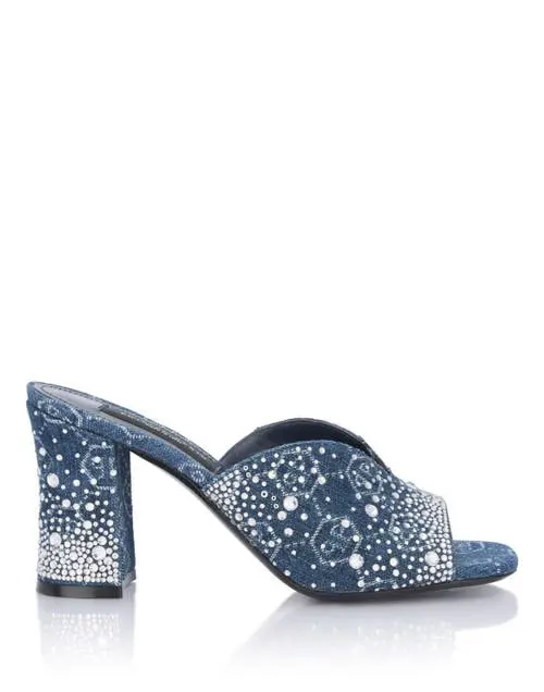 Philipp Plein Denim Mid Heels Platform Sandals Monogram Strass