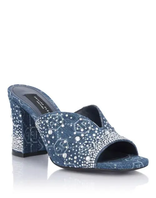Philipp Plein Denim Monogram Embellished Mid Heel Platform Sandals - Lightblue