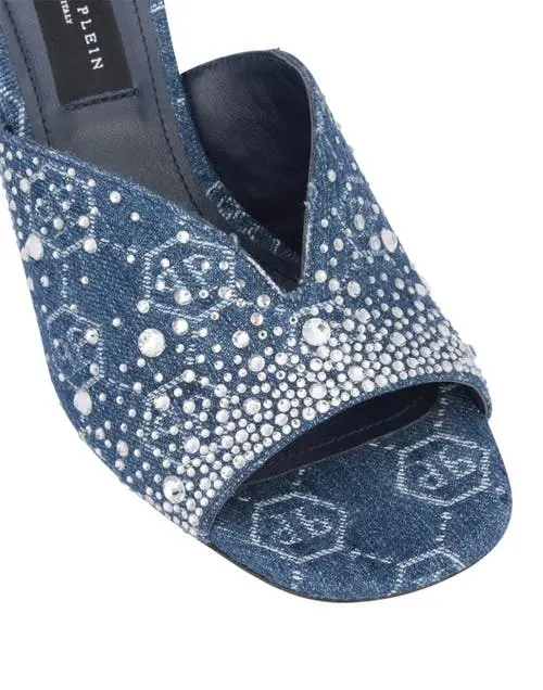 Philipp Plein Denim Monogram Embellished Mid Heel Platform Sandals