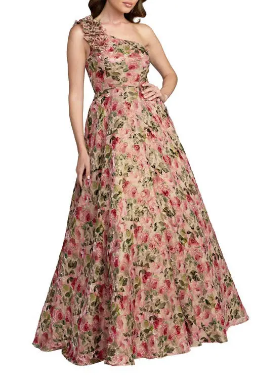 Mac Duggal Floral Velvet One-shoulder Gown - Pink Multi
