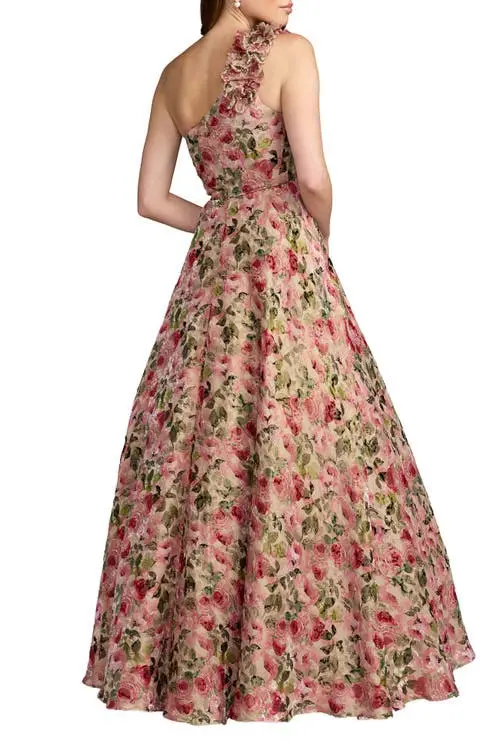 Mac Duggal Floral Velvet One-shoulder Gown