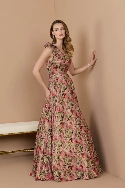 Mac Duggal Floral Velvet One-shoulder Gown