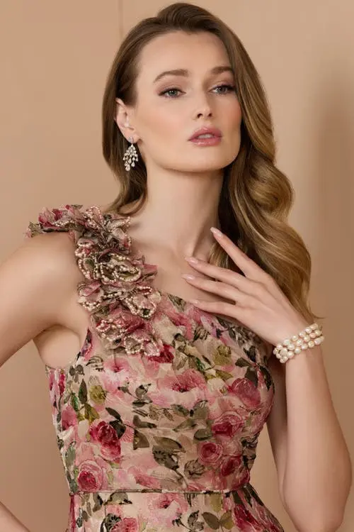 Mac Duggal Floral Velvet One-shoulder Gown