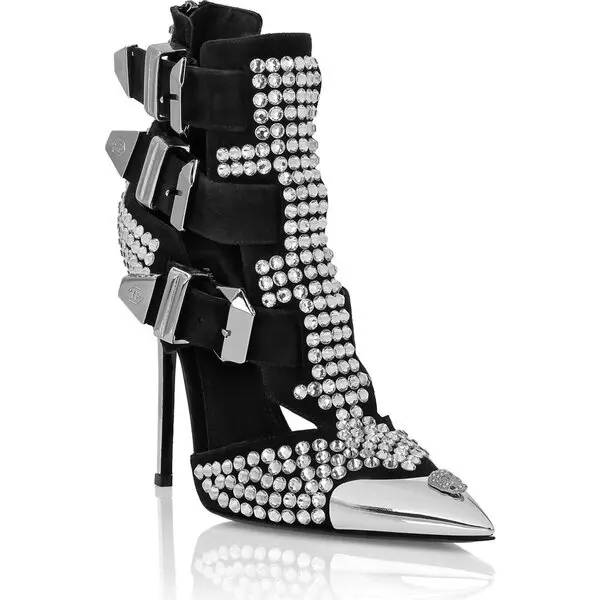 Philipp Plein Embellished Suede Stiletto Sandals - Crystal