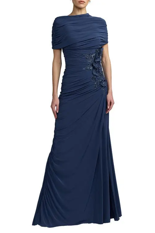 Mac Duggal Embellished Jersey Draped Column Gown - Sapphire