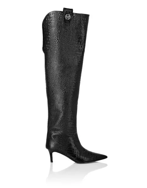 Philipp Plein Low-heel Overknee Boots Cocco Print - Black