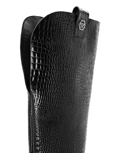 Philipp Plein Over-the-knee Croc Effect Low Heel Boots - Black
