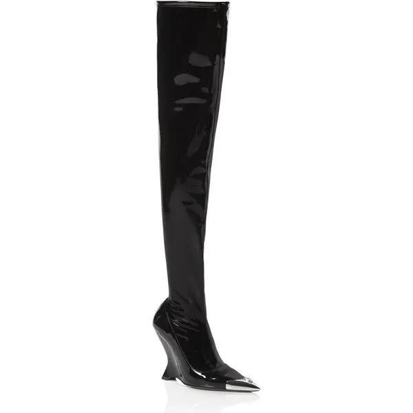 Philipp Plein Overknee Latex Wedge Boots With Metal Cap Toe - Black