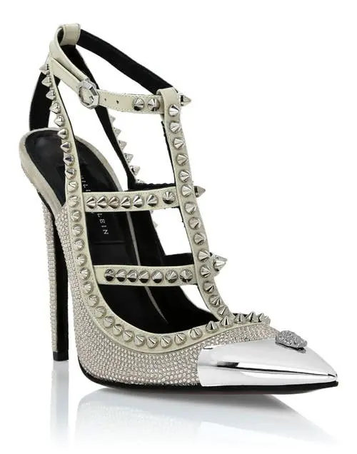 Philipp Plein Leather Embellished Studded High Heel Sandals - Beige
