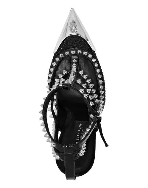 Philipp Plein Leather Embellished Studded High Heel Sandals - Black