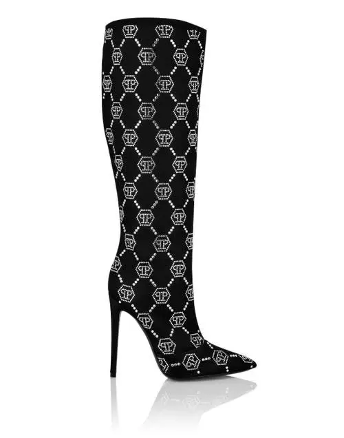 Philipp Plein High Heel Monogram Boots - Black/crystal