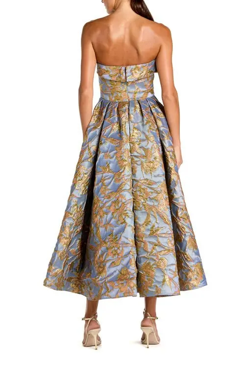 Mac Duggal Strapless Floral Brocade Midi Dress With Pockets