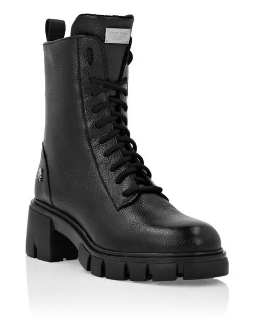 Philipp Plein Leather Lace-up Combat Boots - Black