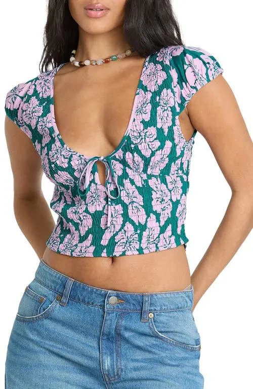 BILLABONG Floral Smocked Tie-front Cropped Top - Deep Lagoon
