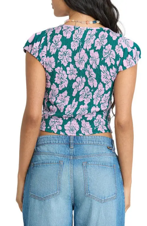 BILLABONG Floral Smocked Tie-front Cropped Top