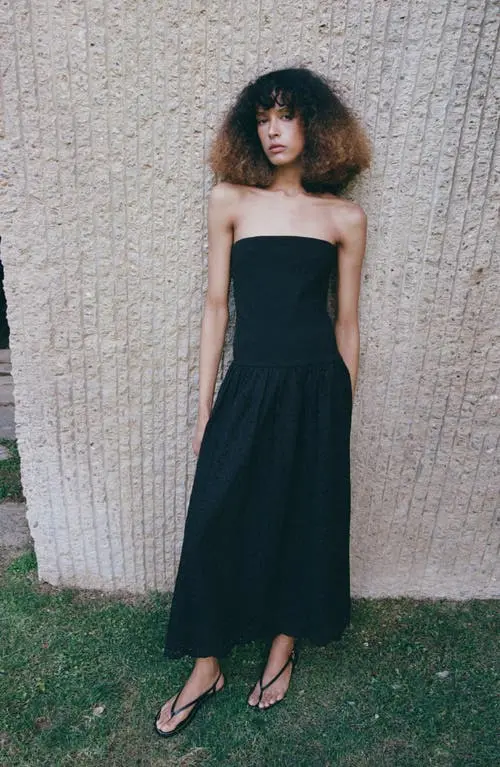 Mango Embroidered Eyelet Strapless Maxi Dress
