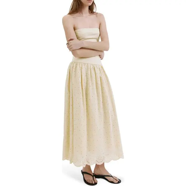 Mango Embroidered Eyelet Strapless Maxi Dress - Sand