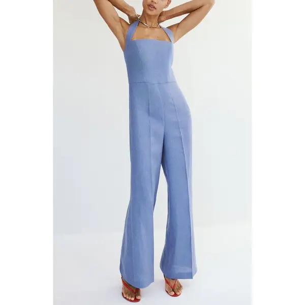Mango Solid Linen Halter Jumpsuit - Blue