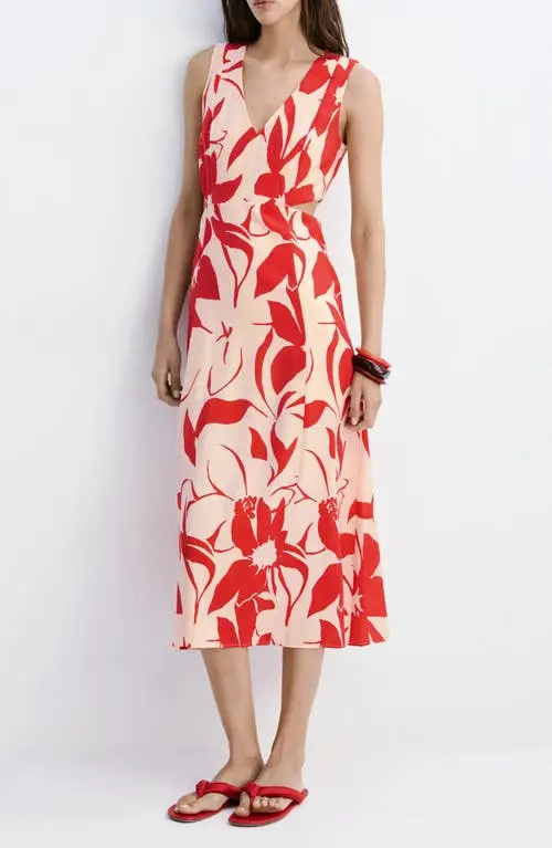 Mango Floral Print Cutout Sleeveless Maxi Dress - Red