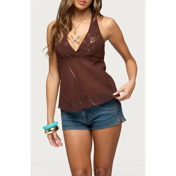 EDIKTED Beaded Sequin Halter Chiffon Top - Brown