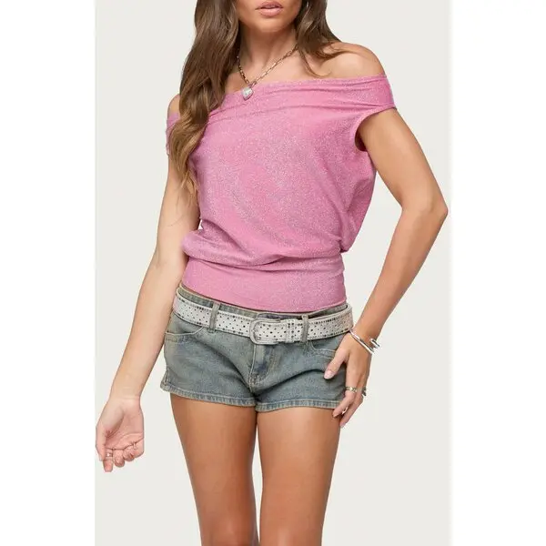 EDIKTED Nolah Metallic Off The Shoulder Top - Pink