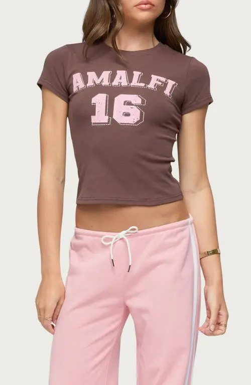 EDIKTED Amalfi Contrast Stretch Cotton Blend Crop Graphic T-shirt - Brown