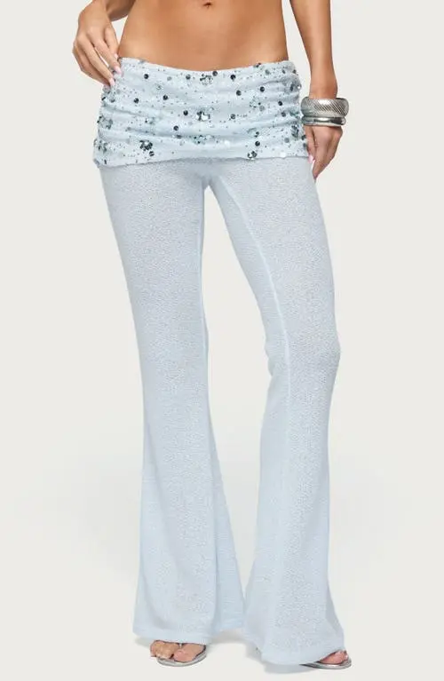 EDIKTED Zephyra Beaded Sequin Foldover Low Rise Flare Pants - Light-blue