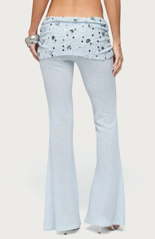 EDIKTED Zephyra Beaded Sequin Foldover Low Rise Flare Pants