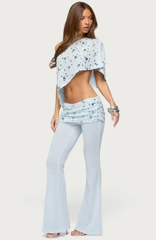 EDIKTED Zephyra Beaded Sequin Foldover Low Rise Flare Pants