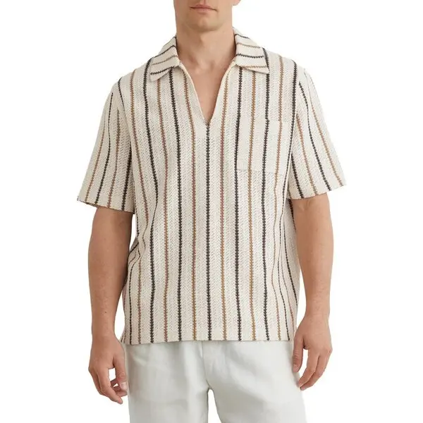 REISS Chatham Stripe Johnny Collar Polo - Ecru