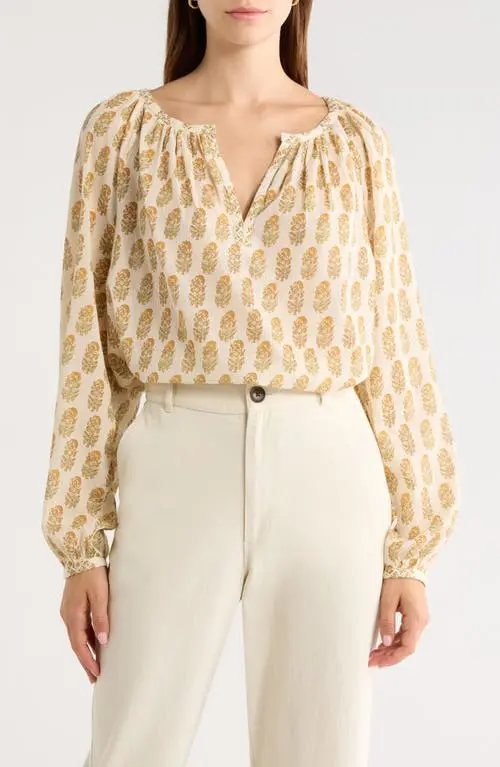 Paige Olvera Printed Cotton Split Neck Top - Bone Multi