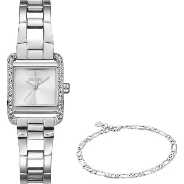 Dkny Rectangular Bracelet Watch And Chain Bracelet Set - Silver