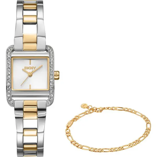 Dkny Rectangular Bracelet Watch And Chain Bracelet Set - Silver