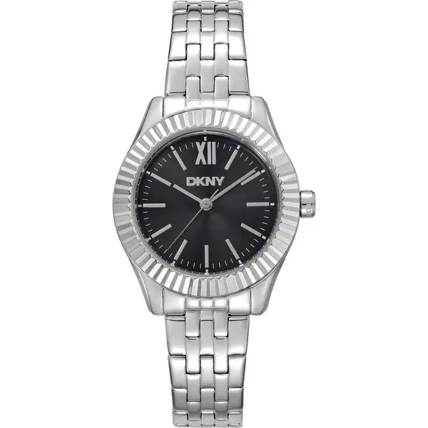 Dkny Stainless Steel Link Bracelet Watch With Fluted Bezel - Black/silver