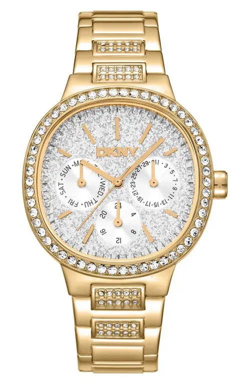 Dkny Crystal Bezel Multifunction Stainless Steel Bracelet Watch - Silver