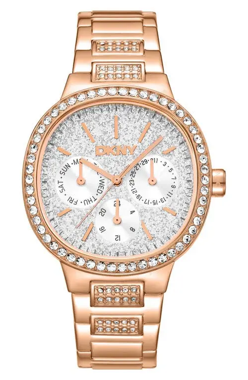 Dkny Crystal Bezel Multifunction Stainless Steel Bracelet Watch - Silver