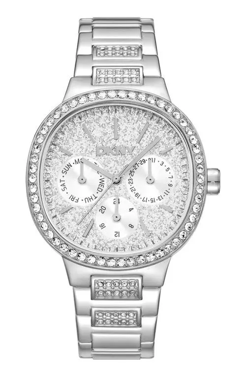 Dkny Crystal Bezel Multifunction Stainless Steel Bracelet Watch - Silver